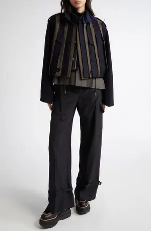 Sacai Pinstripe Melton Wool Crop Military Jacket In Dark Khaki